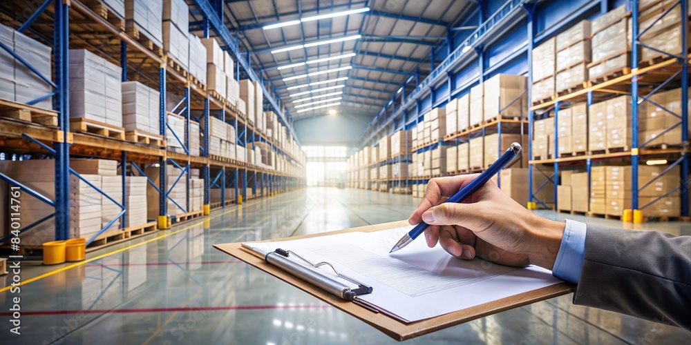 High-quality photograph of a warehouse setting with a bill of lading ...