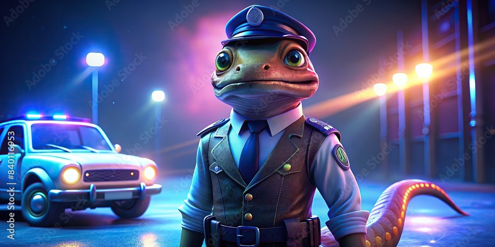 Salamander in police uniform standing in front of a police car ...