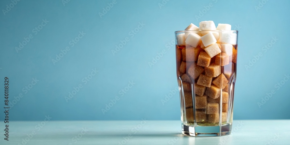 Glass of coke filled with sugar cubes on light blue background, sweet ...