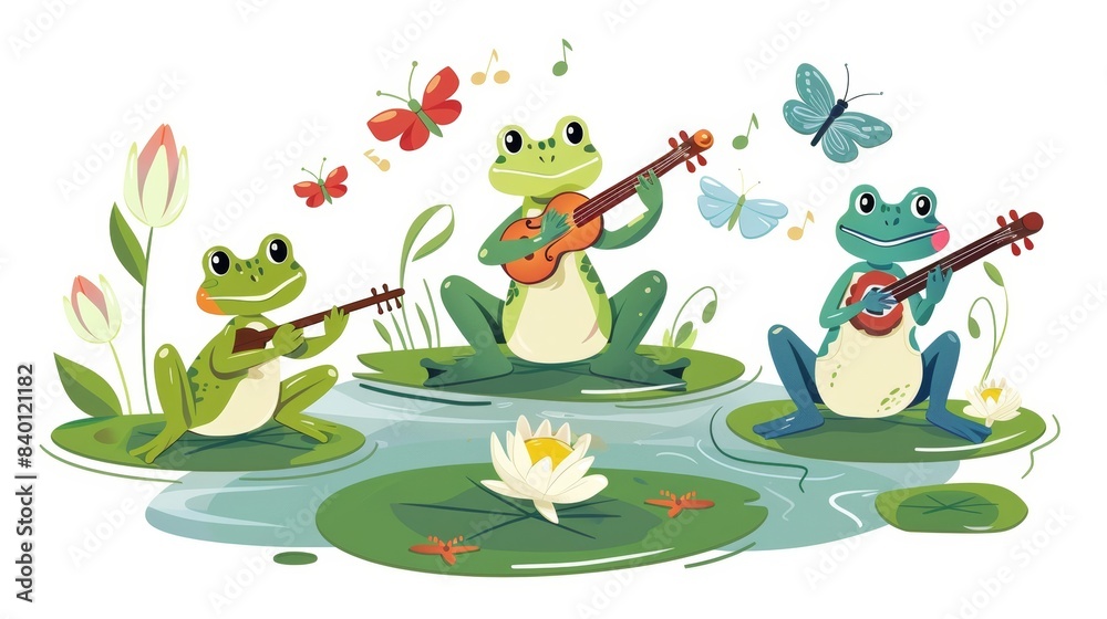 The frogs band are playing musical instruments on the lake, a swamp ...