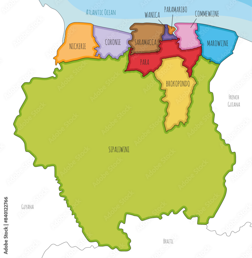 Vector illustrated map of Suriname with districts and administrative ...