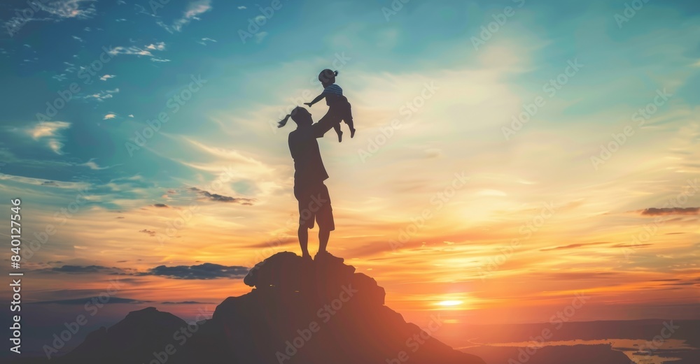 Holding up his son in the air, a happy father plays with his son ...
