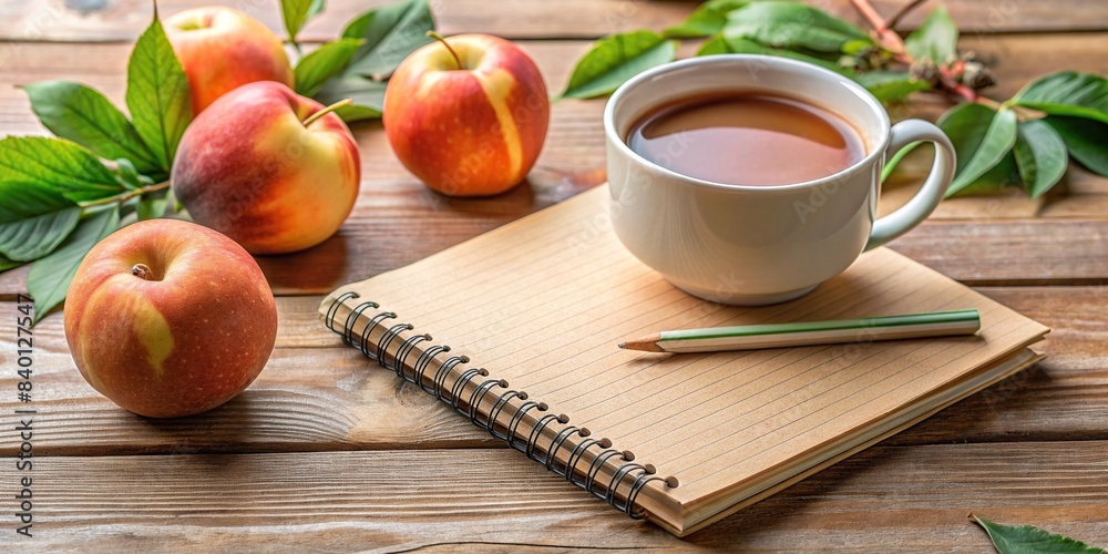 Peach spiral bound notebook on desk with tea cup and leaves background ...