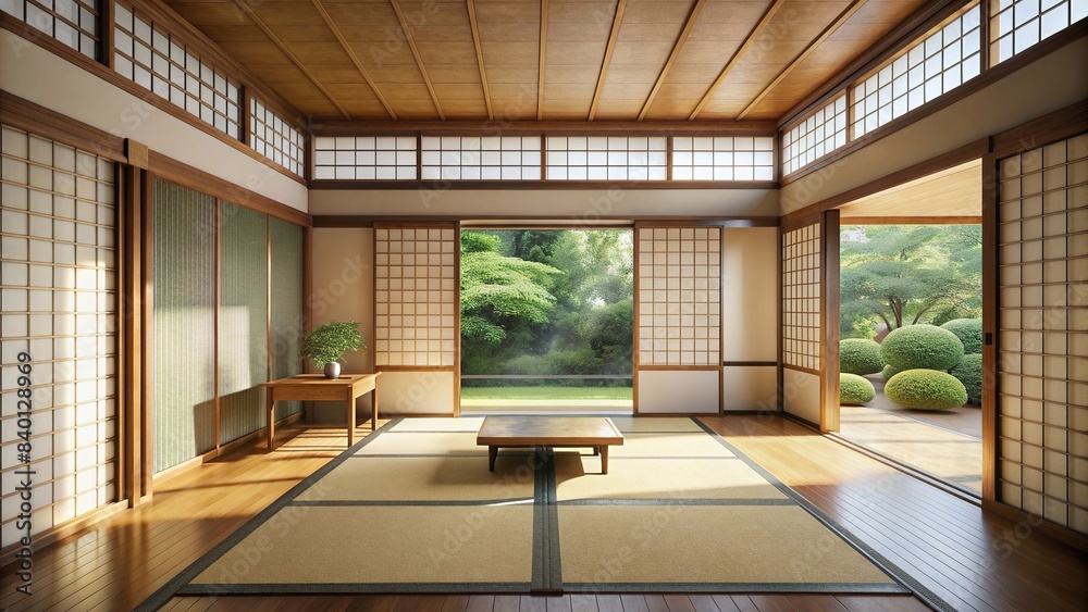 Minimalist Japanese room with traditional tatami mat flooring, paper ...