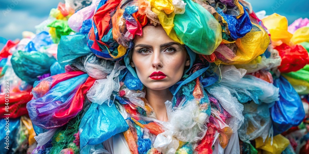 Upcycled fashion with colorful plastic bags, activist for climate ...