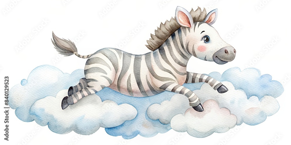 Cute little zebra flying on a cloud in a kids cartoon , hand drawn ...