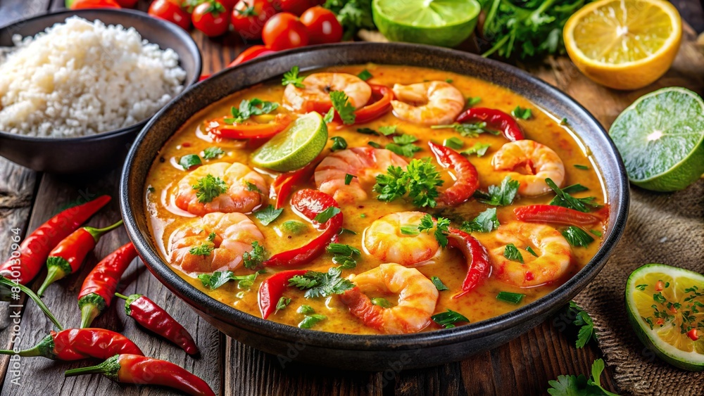 Traditional Brazilian shrimp moqueca dish with vibrant colors and ...