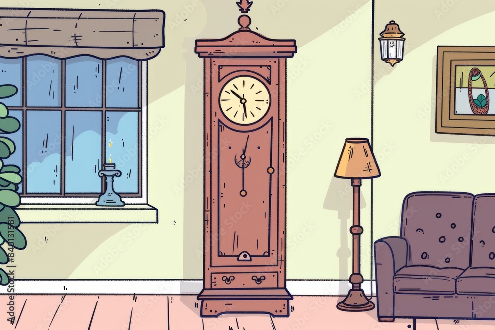 Cartoon cute doodles of a classic grandfather clock ticking in a quiet ...