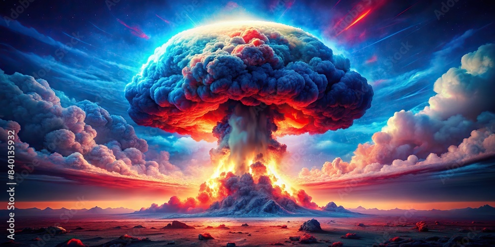 Abstract of a nuclear explosion in red and blue colors , explosion ...