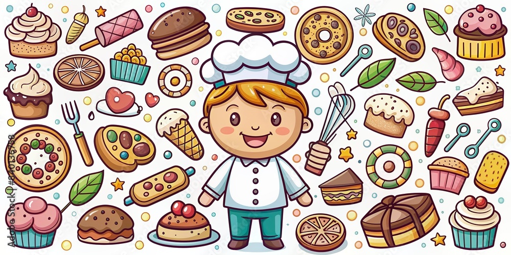 Cartoon doodle of a cute baker boy surrounded by various kinds of food ...