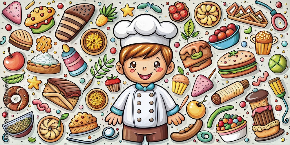 Cartoon doodle of a cute baker boy surrounded by various kinds of food ...