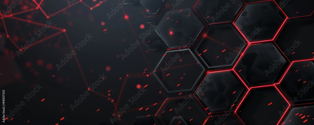 Dynamic black background with glowing red lines and hexagons. Perfect for high-tech designs ...