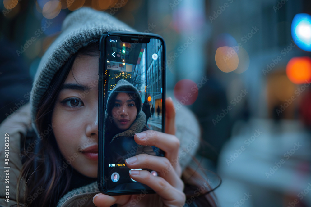 Mobile application for facial recognition. An Asian girl films her face ...