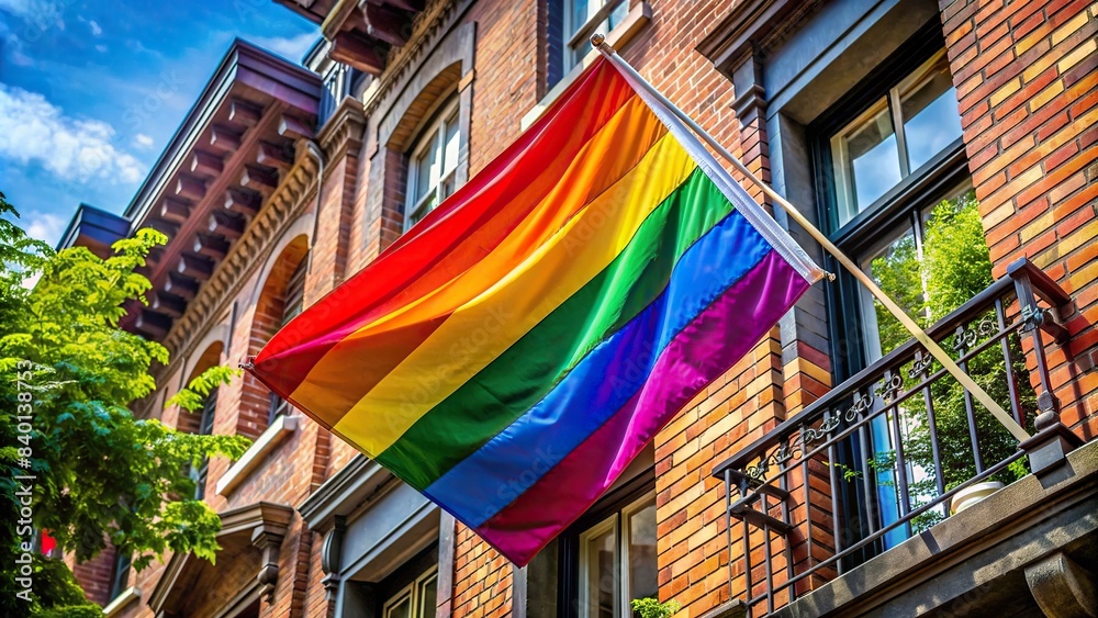Vibrant rainbow flag hanging from a building with pride flags in ...