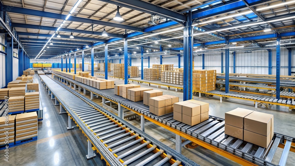 Industrial package distribution line in a warehouse setting , conveyor ...