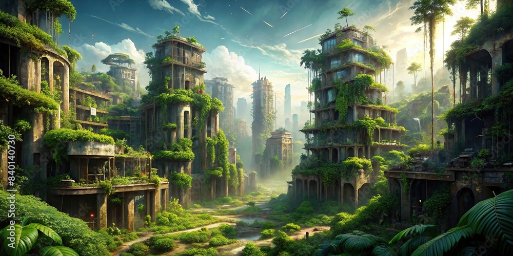 Abandoned futuristic city reclaimed by tropical vegetation, apocalyptic ...