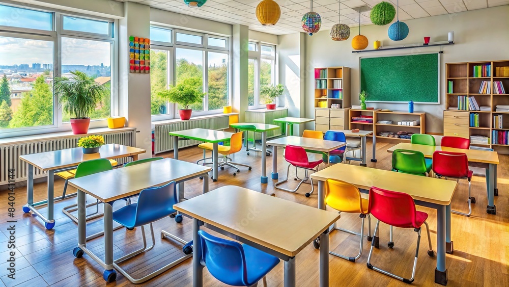 Vibrant multicultural classroom with diverse student desks , learning ...