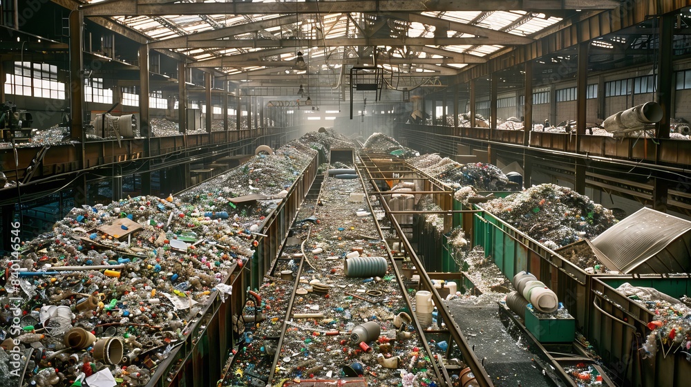 The interior of a recycling plant showing the detailed process of ...