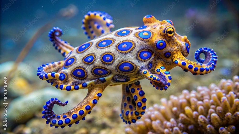 Deadly blue-ringed octopus with vibrant patterns swimming underwater ...