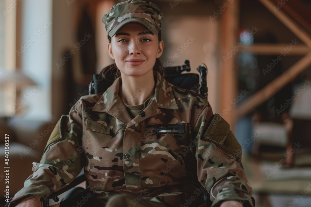 Portrait Of Smiling Female Soldier In Camouflage Uniform Sitting In ...