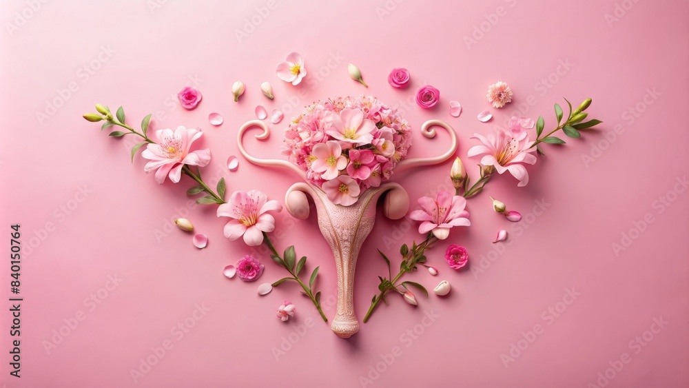 Female uterus surrounded by beautiful pink flowers on a soft pink ...