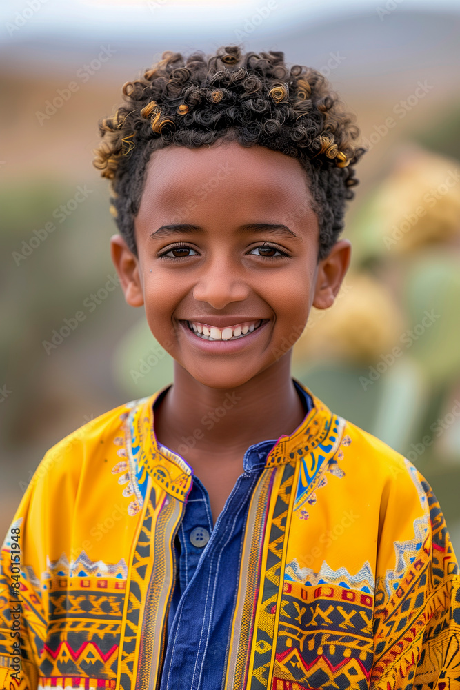 A young Ethiopian boy with a radiant smile, wearing traditional attire ...