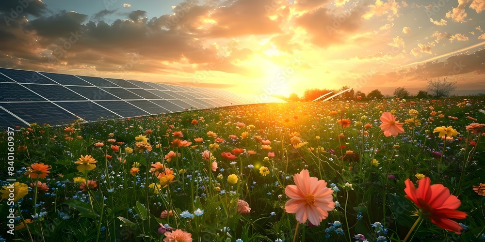 Digitally enhanced image of solar panels in a flower field. Concept ...