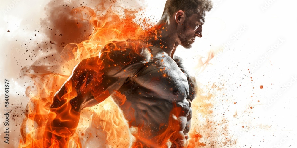 A bodybuilder is on fire against a white background, hot summer ...