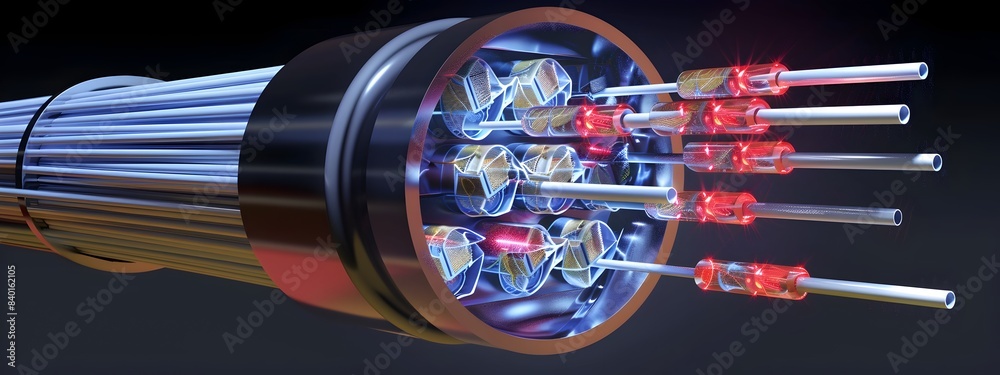 ภาพประกอบสต็อก Detailed Fiber Optic Cable Cross Section Showcasing its ...