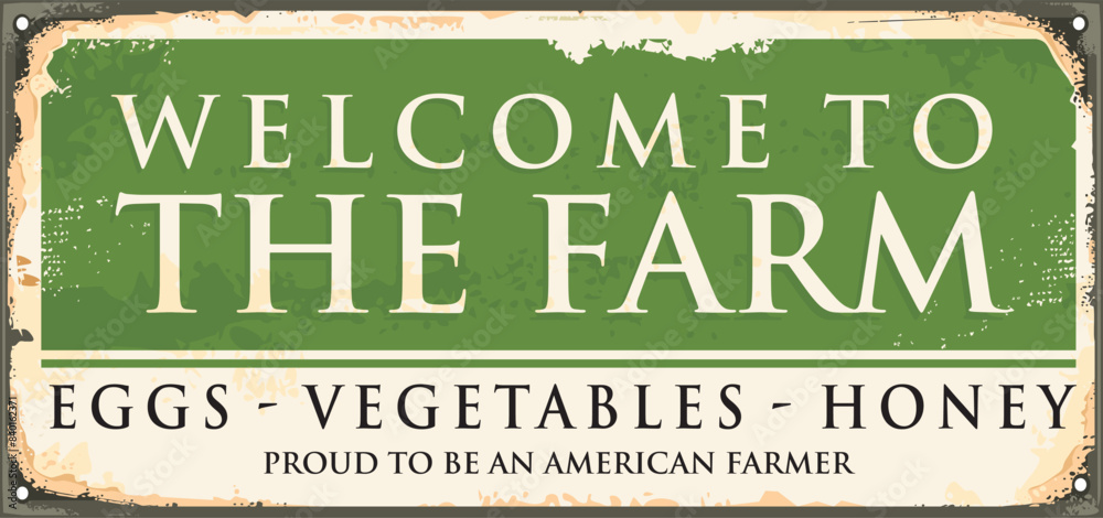 Vintage farm sign design layout with creative typography on green metal ...