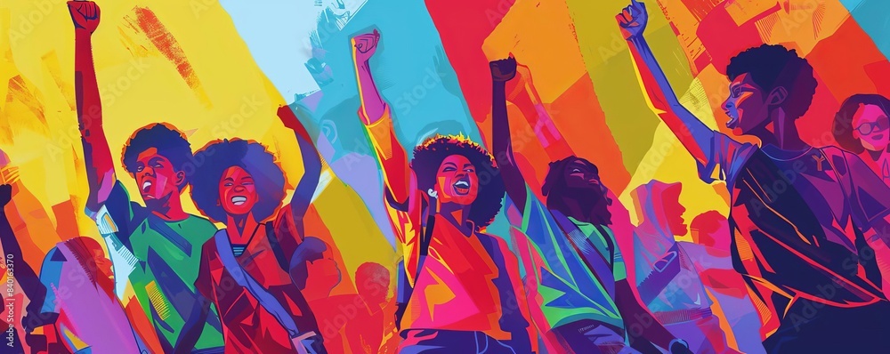 Colorful Labor Day advocacy art showing diverse workers rallying ...