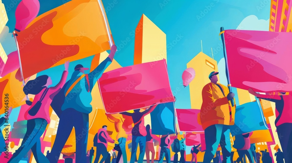 Dynamic Labor Day advocacy illustration showing workers with banners ...