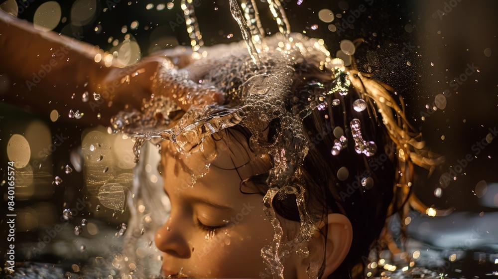 baptism ceremony, capturing the moment of water being poured on a child ...