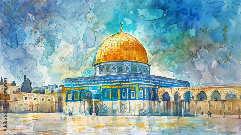 Watercolor hand draw The Dome of the Rock in Jerusalem is a prominent ...