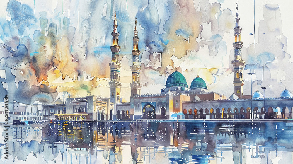 Watercolor hand draw The Prophets Mosque (Masjid an-Nabawi) in Medina ...