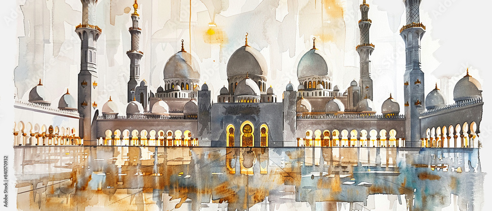 Watercolor hand draw The Sheikh Zayed Grand Mosque in Abu Dhabi UAE ...