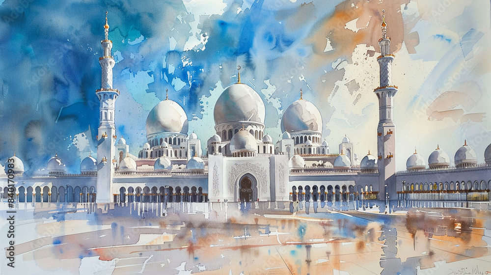 Watercolor hand draw The Sheikh Zayed Grand Mosque in Abu Dhabi UAE ...