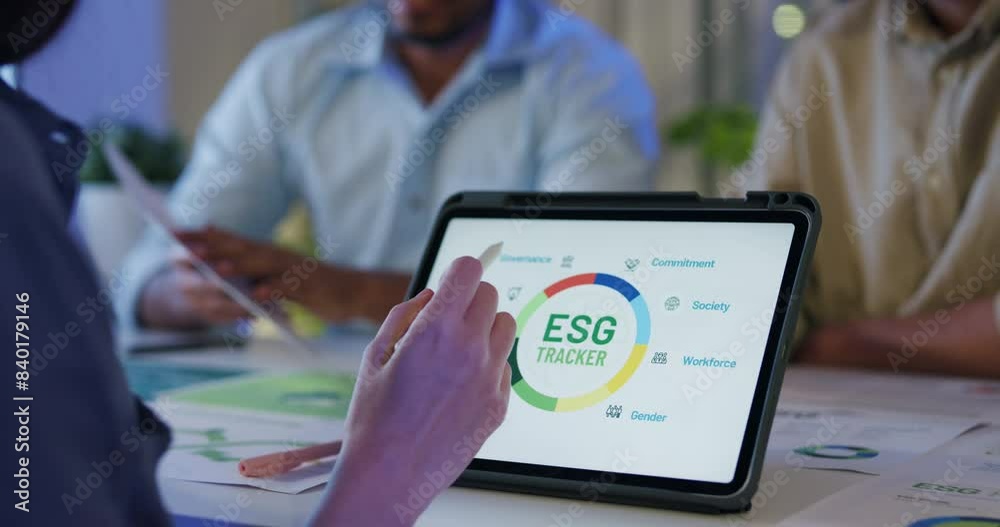 Group diverse Asia businesspeople talk ESG strategies risk management ...