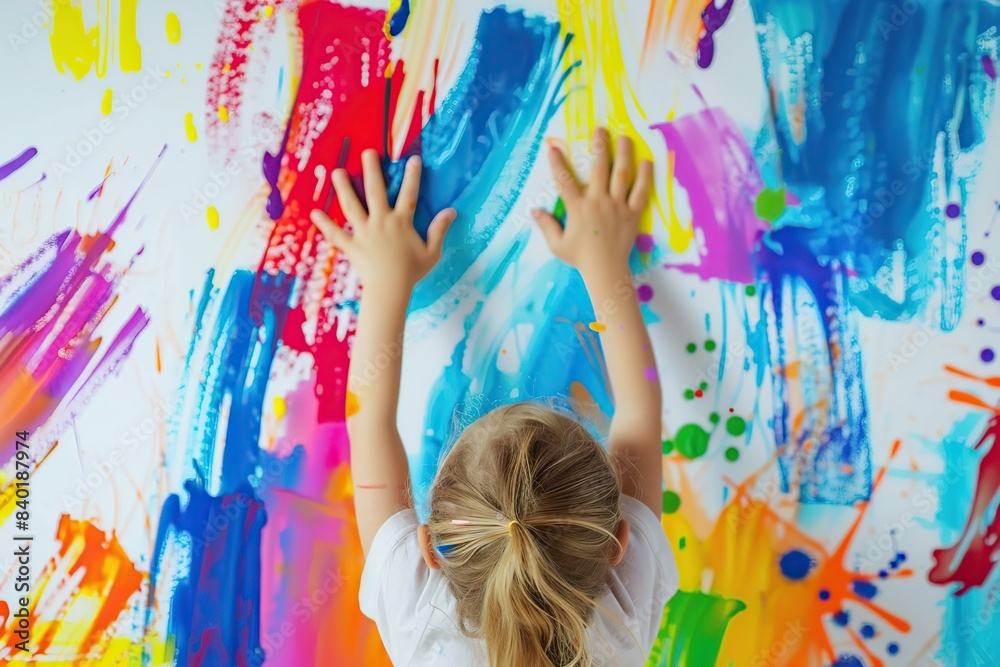 Child mischief. Little girl draws with her palms on a white wall ...