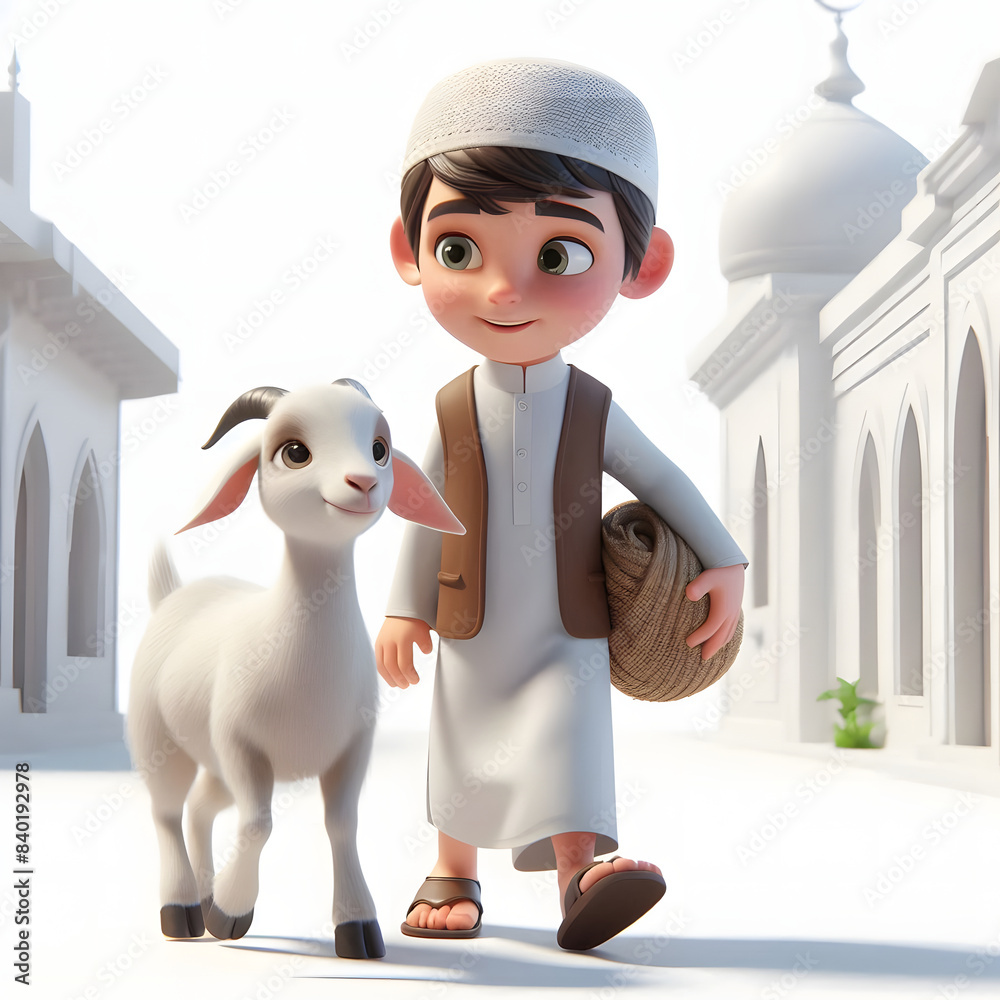 muslim boy carrying a goat eid al-adha 3d cartoon white background 04 ...