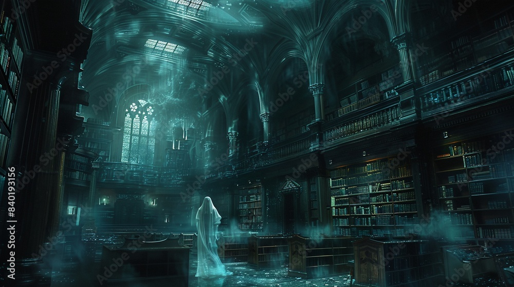 Haunted library with ghostly apparition, dark tones, digital painting ...