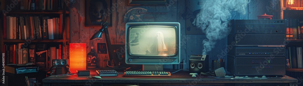 Haunted computer setup with ghost on screen, muted colors, digital art ...