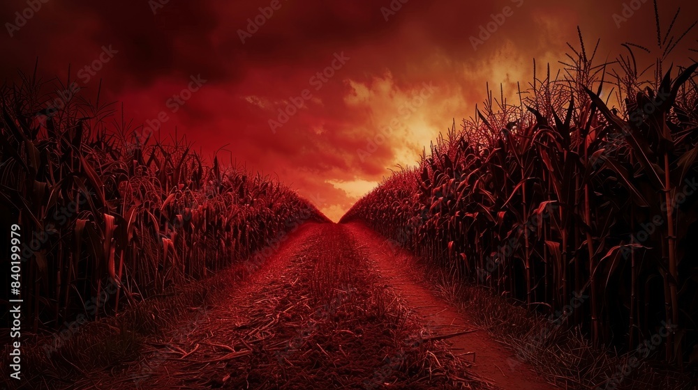 Scary cornfield with dark, foreboding rows, blood-red sky overhead ...