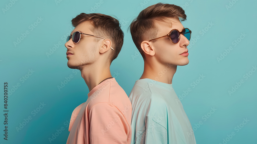 Side view young happy couple two gay men wearing casual clothes ...