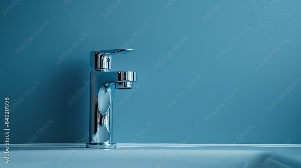 Stylish water faucet with minimalistic elements, blue background, focus ...