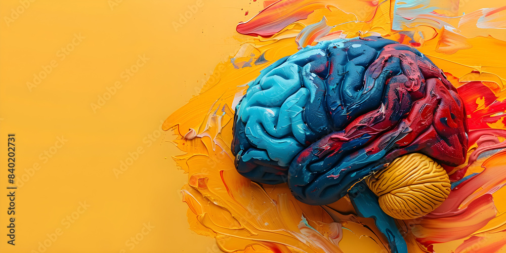 Human brain painted in different colors on a yellow background, concept ...