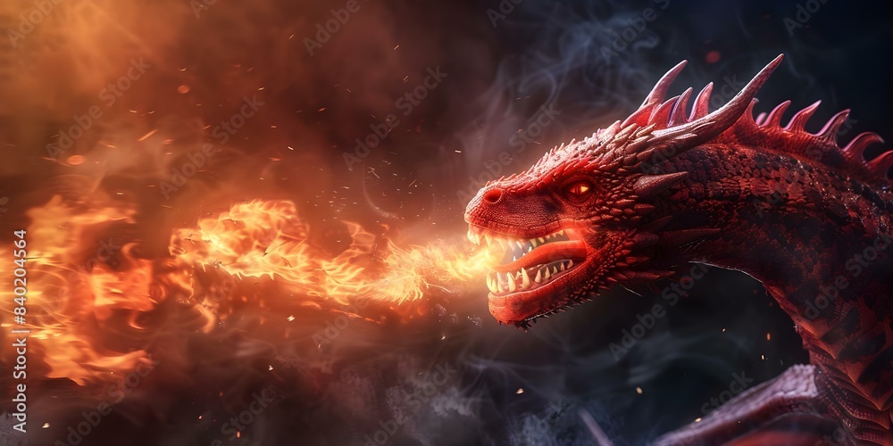 Fantasy art of a red dragon breathing fire against a dark background ...