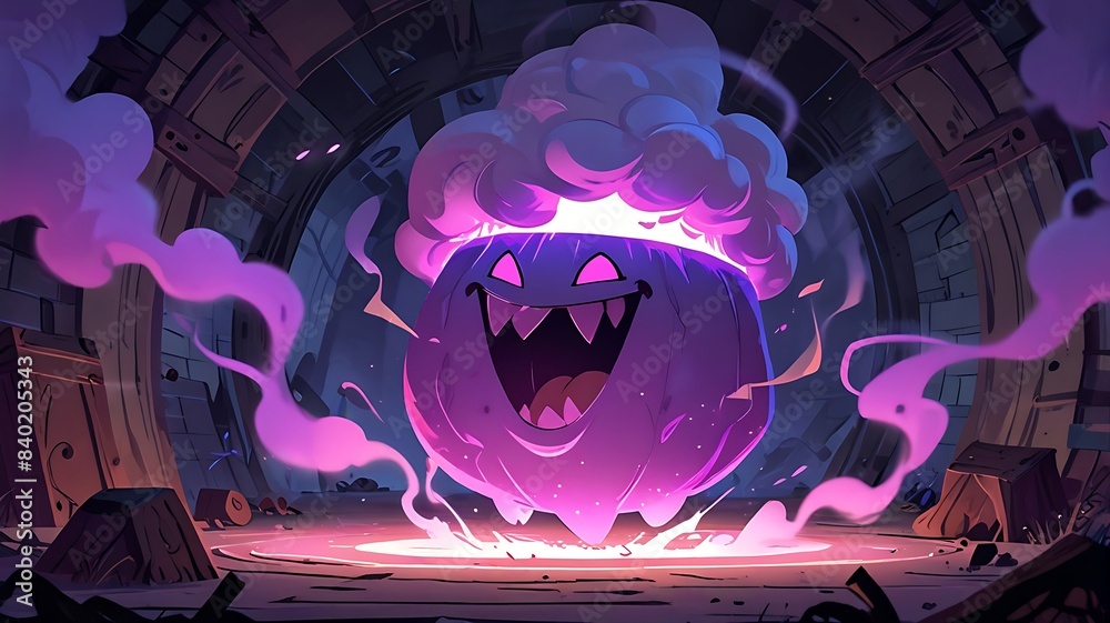 A stylized, animated scene showing a large, menacing purple ghost with ...