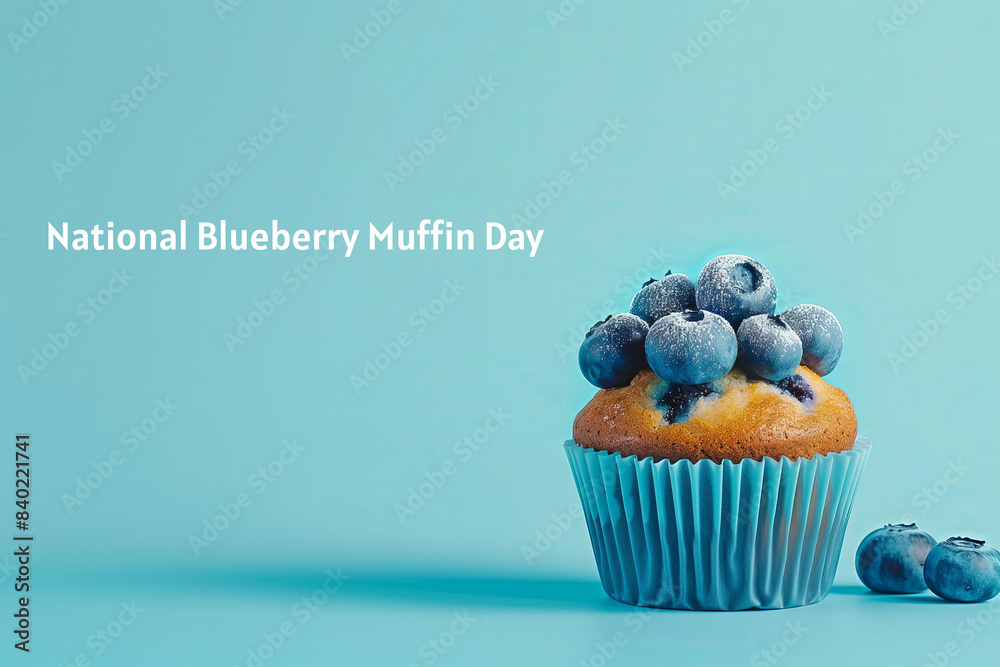 delicious blueberry muffin on a pastel blue solid color background with ...