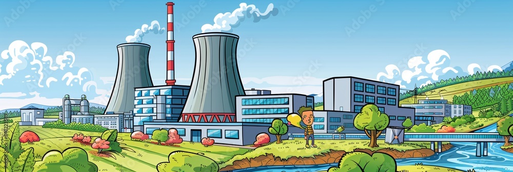 A vibrant and educational cartoon illustration of a nuclear power plant ...